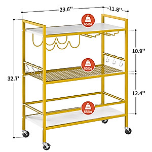 Yoobure Bar Cart with Wheels, Bar Carts for The Home, 3-Tier Rolling Kitchen Cart with Wine Rack and Glass Holder, Home Bar & Serving Carts with Hooks Wine Cart Microwave Cart for Kitchen Living Room