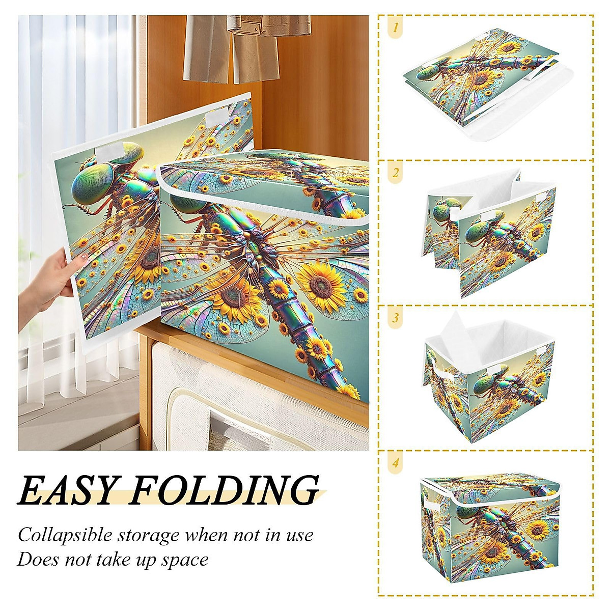 DIGTIA Dragonfly with Sunflower Storage Bins with Lids Spring Summer Foldable Storage Basket with Handles Collapsible Large Fabric Organizer Containers for Clothes Shelves Closet Office Home Bedroom