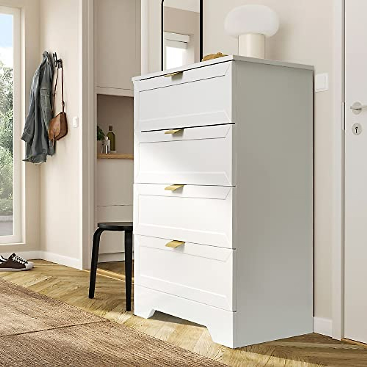 UYIHOME Modern 4 Drawer Dresser, 37inch Tall Dresser Chest with Large Drawer, Wood Nursery Dresser Storage Cabinet Organizer Unit for Bedroom, Closet, Living Room, Cloakroom, Entryway, White
