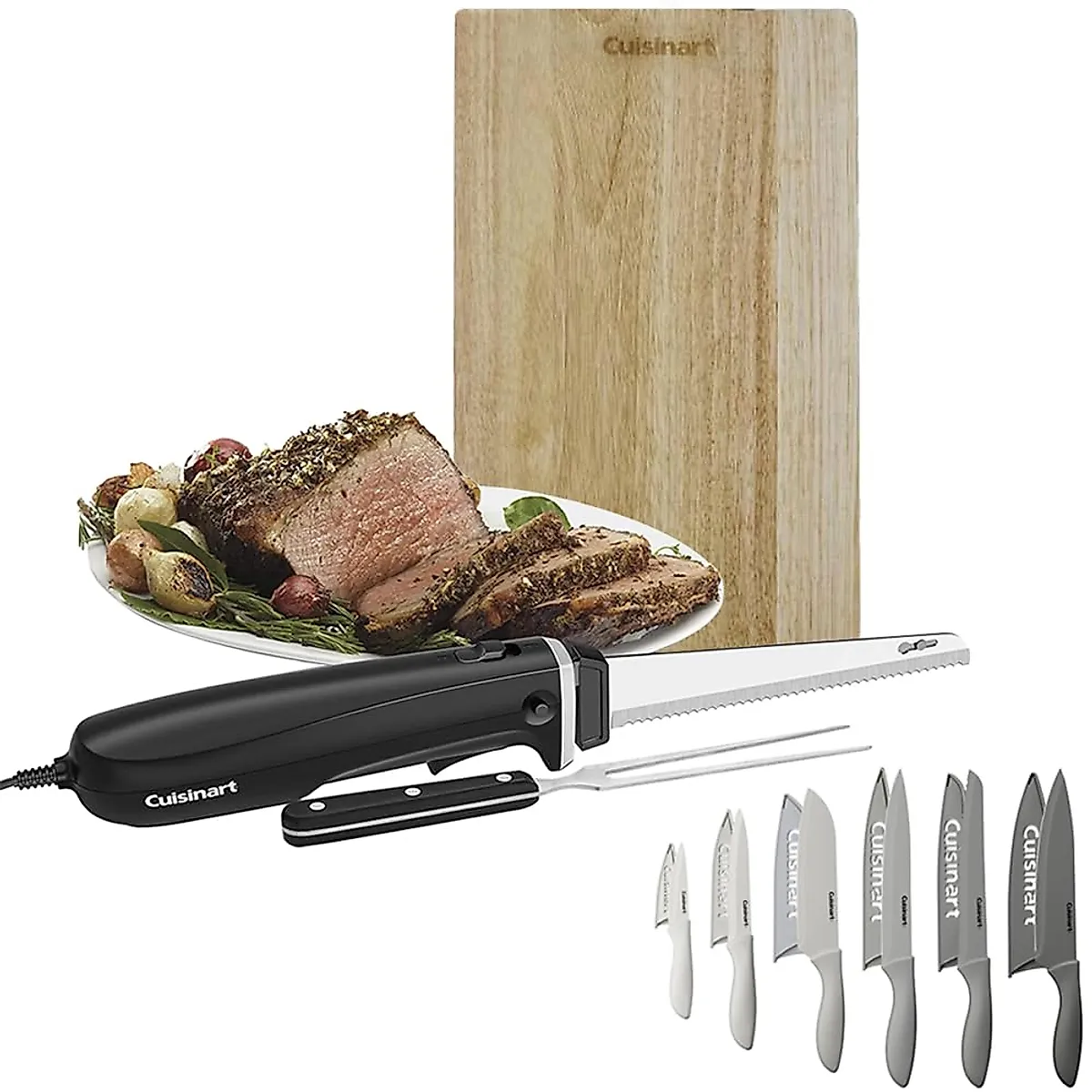 Cuisinart CEK-41 AC Electric Knife with Bamboo Cutting Board Bundle Advantage 12-Piece Gray Knife Set with Blade Guards