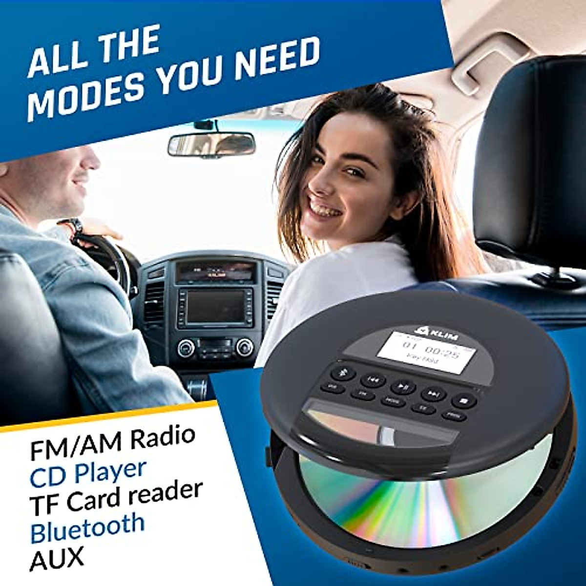 KLIM Nomad - New 2023 - Portable CD Player Walkman with Long-Lasting Battery - with Headphones - Radio FM - Compatible MP3 CD Player Portable - TF Card Radio FM AM Bluetooth - Ideal for Cars - Black