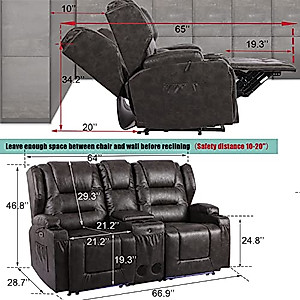SAMERY Electric Home Theater Seating- Power Recline Chair Loveseat RV Sofa with Console, 67" Double Recliner 2-Seater RV Couch with Storage/USB Charging/Lighting/Cup Holders for Living Room