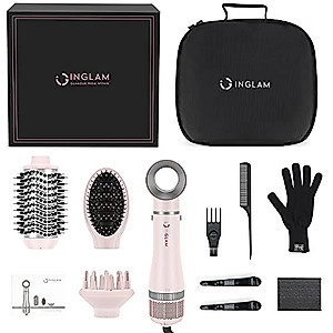 Hair Dryer Brush Set, IG INGLAM 4 in 1 Blowout Brush, Negative Ion Detachable Hair Dryer & Styler Volumizer Hot Air Hair Dryer Brush with 2 Styling Brush Heads, Pink