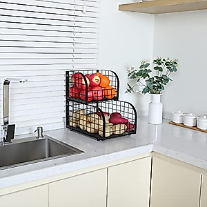 JKsmart Fruit and Vegetable Basket, Stackable Countertop Tiered Baskets for Potato Onion Storage,2-Tier Wall-mounted Kitchen Wire Storage Baskets for Fruit Veggies Produce Snack Canned Foods,Black