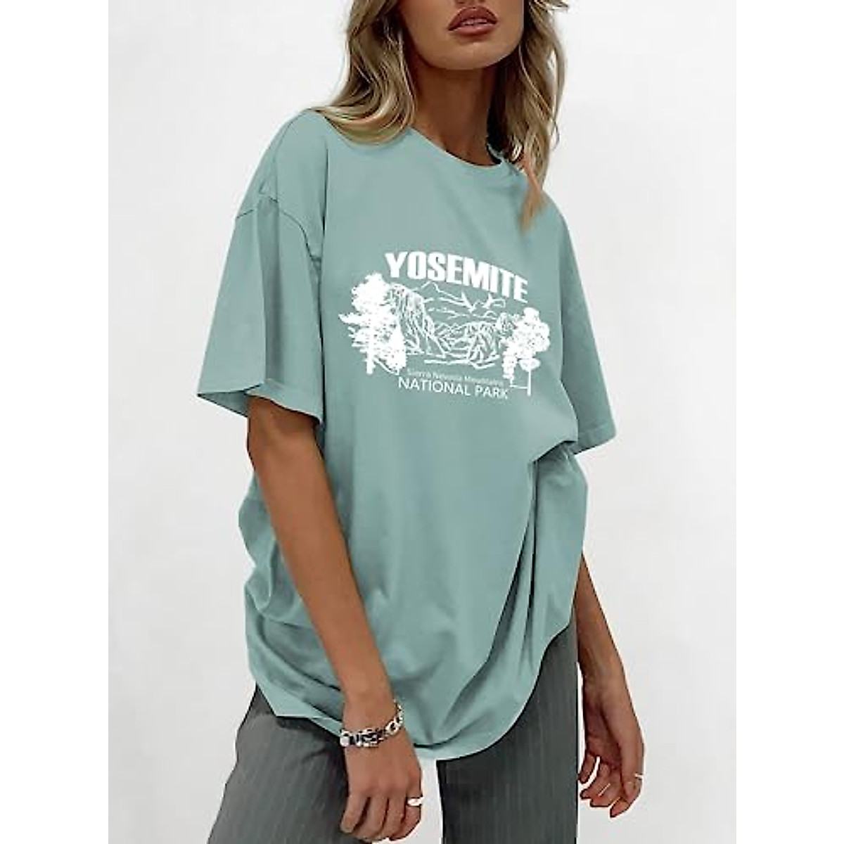 CSDAJIO Women's Graphic Oversized Tee Mountain Letter Print National Park Shirt Vintage Half Sleeve Loose Casual T Shirts Yosemi LightGreen Large