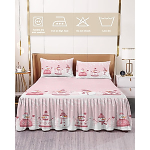 Pink Christmas Wrap Around Pleated Bed Skirts for Twin XL Bed 39x80, Decorative Dust Ruffle Bed Sheet & Bedskirt 18'' Drop Bedspread with Pillow Case 20x30 Snowman Snowflake Pine Tree Leaves