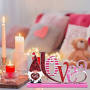 Happy Valentine's Day Decorations, 4 Pcs Wooden Gnomes Kiss Me Signs, Be Mine Tabletop Centerpiece Signs with Pink Hearts for Valentine's Day Gifts Mantle Shelf Table Home Decors