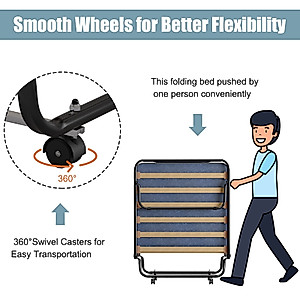 KOMFOTT Folding Rollaway Bed with Mattress, Foldable Bed with Memory Foam Mattress for Adults, Portable Fold Up Guest Bed with Sturdy Steel Frame on Wheels for Home & Office, Made in Italy (Navy Blue)