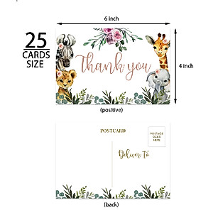Yuansail Safari Baby Shower Thank You Postcards, Jungle Animal Floral Appreciation Post Cards, 25 cards – (bb002-ganxie)