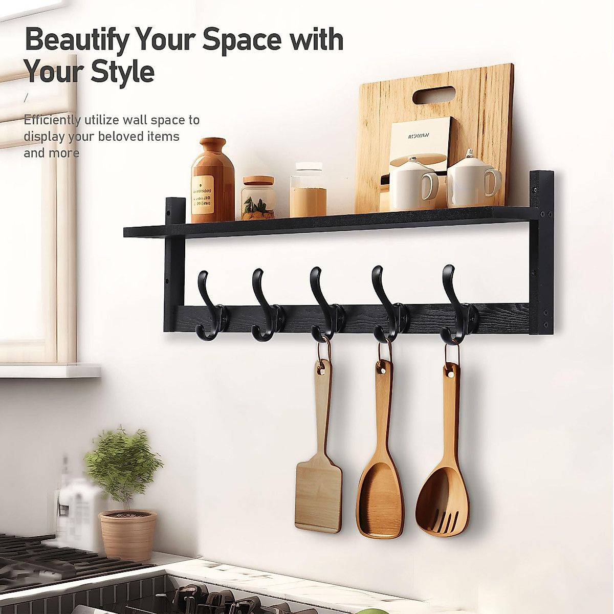 Tatub 29'' Coat Rack Wall Mount with Shelf, Wood Wall Hooks with Storage, Entryway Shelf with 5 Coat Hangers for Bathroom, Living Room, Bedroom, Black