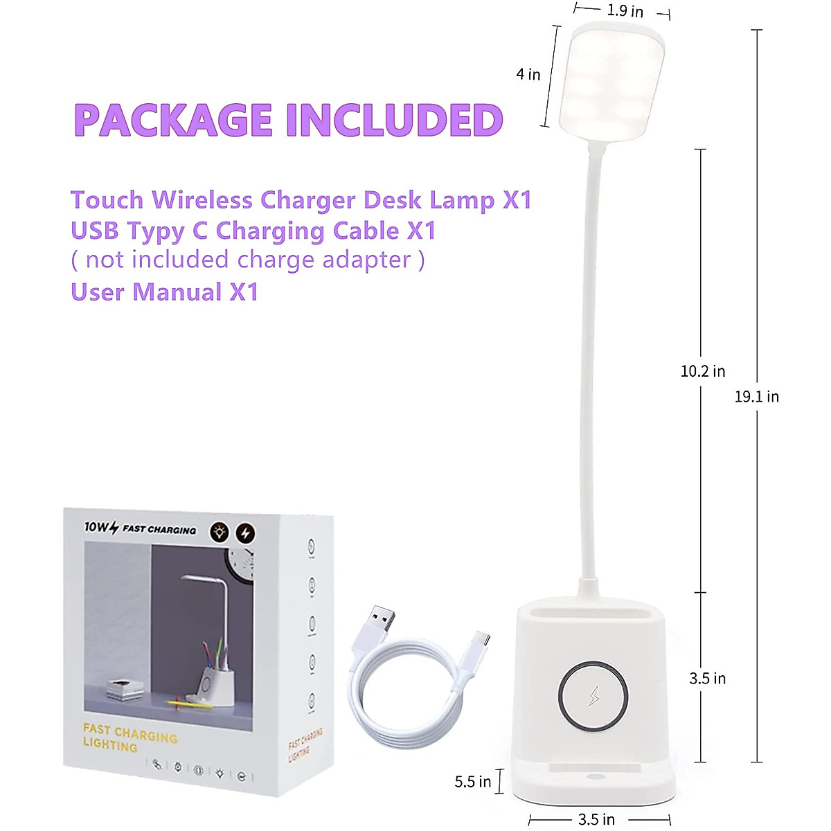 Small Desk Lamp with Wireless Charger, Desk Lights for Home Office - LED, White,Brightness Adjustment, 3 Color Modes,500LM, Study Lamp with Pen Holder， Desktop Study Desk Lamp for College Dorm Room