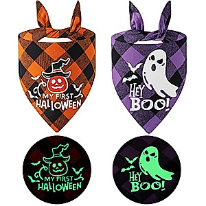 VMPETV 2 Pack Dog Halloween Bandana Glow in The Dark, Fall Dog Bandana Fluorescent Halloween Costumes for Dogs Pumpkin Ghost Scarf Bibs Accessories for Small Medium Large Pets Cats