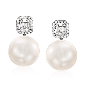 Ross-Simons 12-14mm Cultured Pearl and .42 ct. t.w. Diamond Earrings in 18kt White Gold