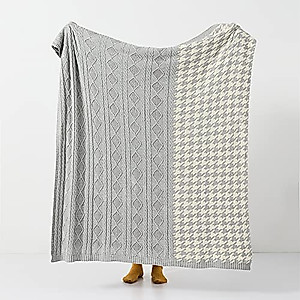 GunziStreet 100% Pure Cotton Knitting Throw Blanket Houndstooth Thousand-Bird Pattern Splicing Nordic Style Soft Warm Home Decor for Bed Couch Bedroom (Light Gray, 51x63)