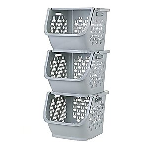 QsunQ 3-Set Stackable Storage Bins with Lids for Kitchen,Bathrooms,Bedrooms,Closets, Cabinets. Household Plastic Organization Baskets for Pantry. Storage Organizer Bin Basket (12x11x10inch) Blue