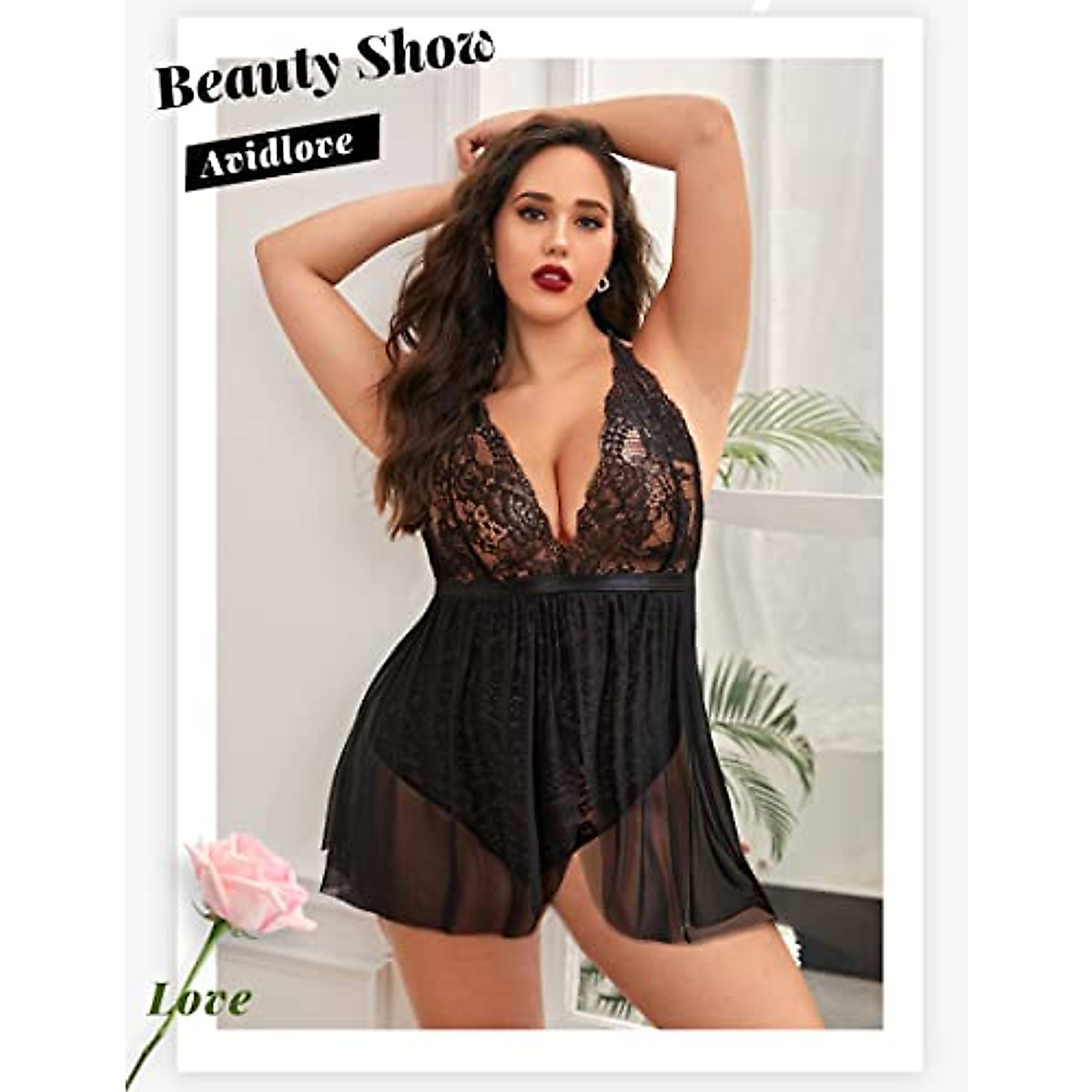 Avidlove Plus Size Babydoll Womens Lingerie Snap Crotch Lace Nighty Halter Plunging Mesh Sleepwear 14-24W (18W, Black)