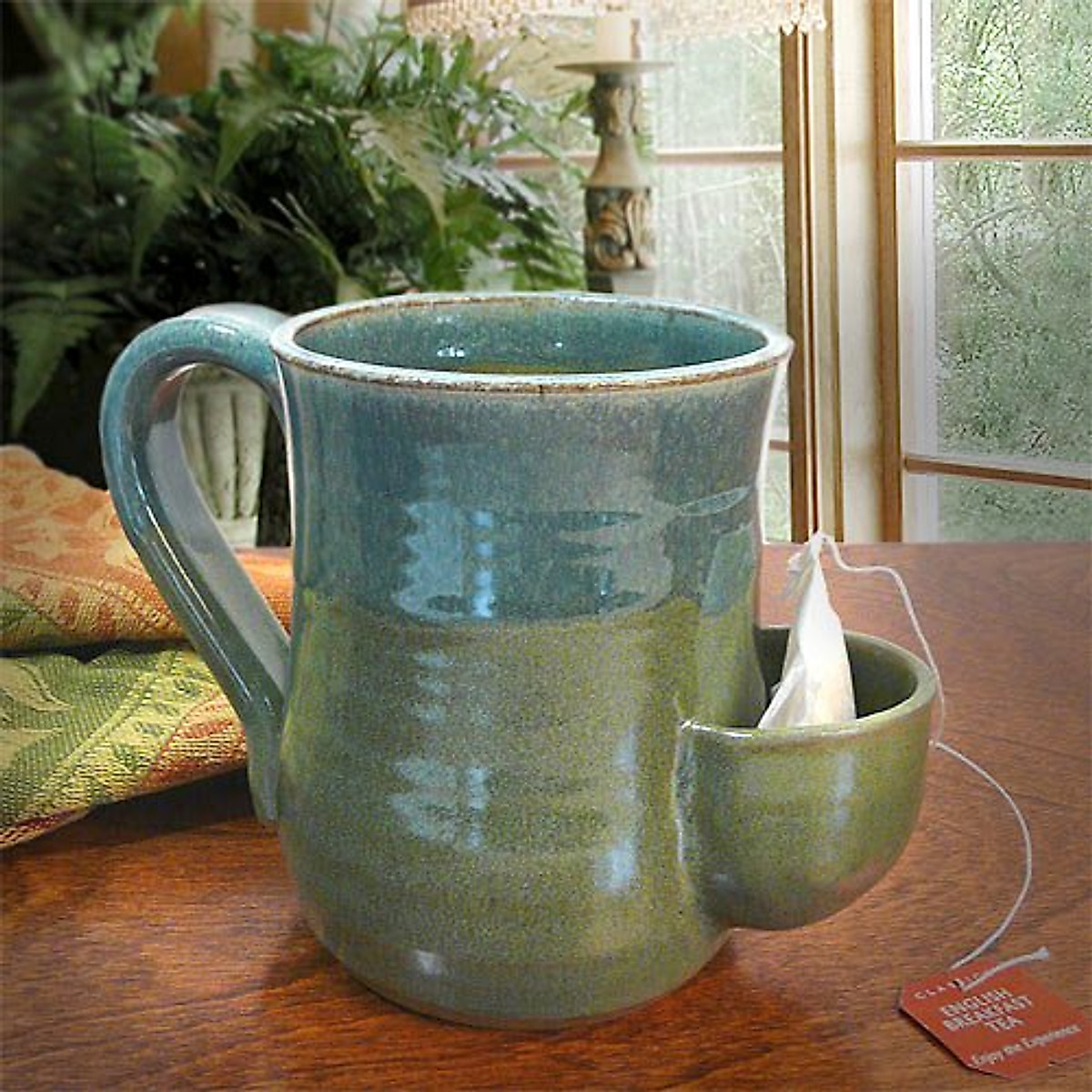 Modern Artisans Tea Mug - Hand-Sculpted Stoneware with Tea Bag Holder, 16 oz, Blue/Green