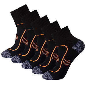 Men's 5-Pack Black Cushioned Anti Odor Blister Proof Quarter Crew Compression Running Socks, Size 7-12