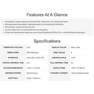 7.5inch E-Paper Display Module for Raspberry Pi Pico, 800×480 Pixels Black/White Two-Color E-Ink SPI Interface, Wide Viewing Angle, Paper-Like Effect Without Electricity