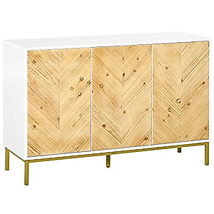 HOMCOM 3 Door Sideboard Buffet Cabinet, Kitchen Cabinet, Coffee Bar Cabinet with Chevron Pattern, Adjustable Shelf and Metal Legs, Natural Wood