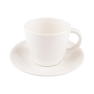 Restaurantware Voga 10 Ounce Tea Cups With Saucers 10 Premium Coffee Cups With Saucers - Top Rack Dishwashable Serve Lattes Mochas Or Teas White Melamine Cups With Saucers For Homes or Cafes