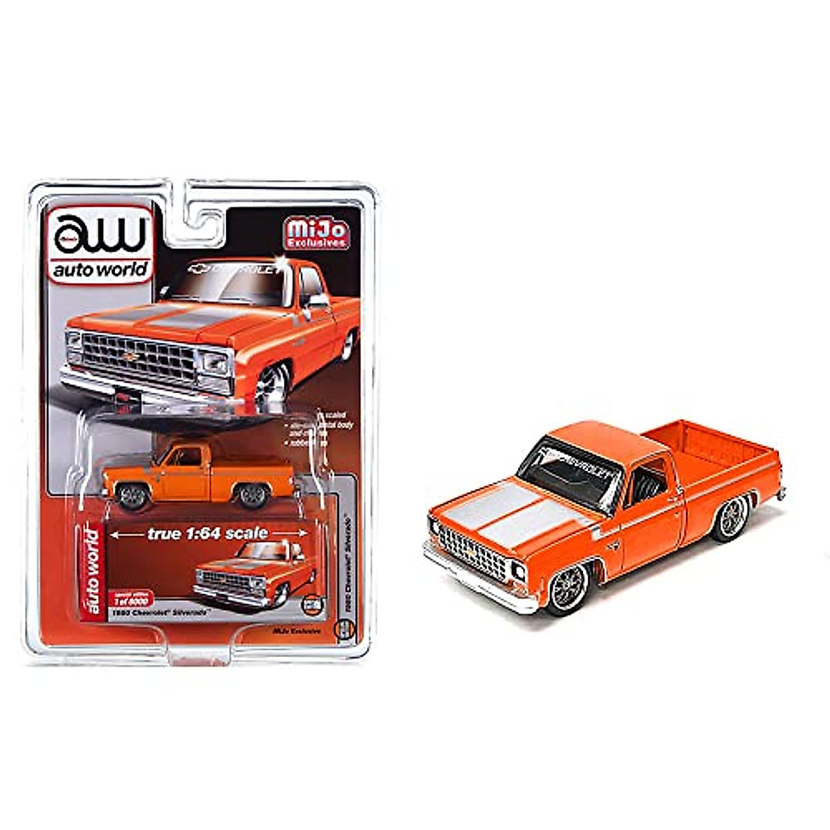 Mijo Exclusives 1980 Chevy Silverado Pickup Truck Orange Met. w/Silver Stripes Limited Edition to 6000 Pieces Worldwide 1/64 Diecast Model Car by Auto World CP7806