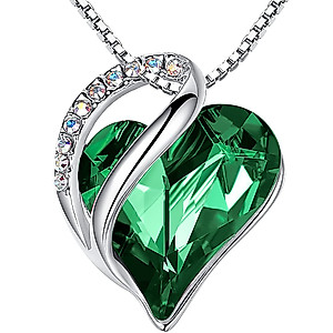 Leafael Necklaces for Women, Infinity Love Heart Pendant with Emerald Green Birthstone Crystal for May, Jewelry Gifts for Wife, Silver Plated 18 + 2 inch Chain, Graduation Birthday Gift for Wife Mom