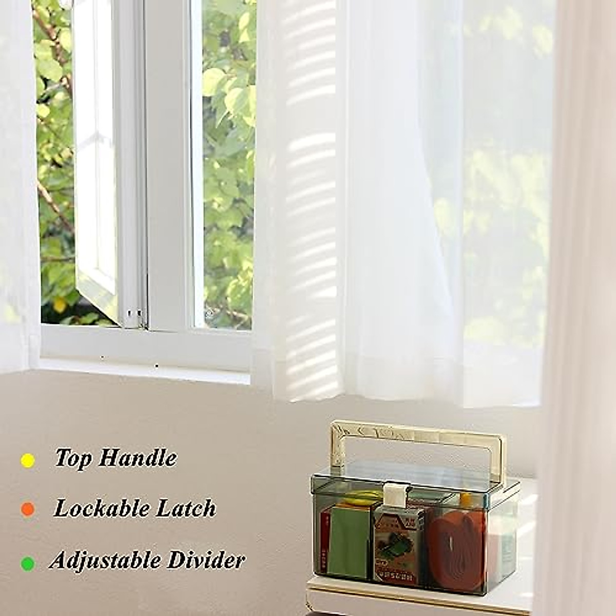 BangQiao Small Plastic Storage Box with Handle and Adjustable Dividers, Multipurpose Lockable Container Case for Sewing, Stationery, Art&Craft Supplies, Cosmetics, First Aid Kit, Clear/Smoke Green