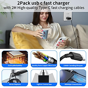 Type C Charger Fast Charging for Samsung 25W Fast Charger, 2-Pack PD/PPS USB C Fast Wall Charger Block with 6FT Type C to Type C Cable for Samsung Galaxy S23/S22/S21/S20/Note 20/Note 10/ iPhone 15
