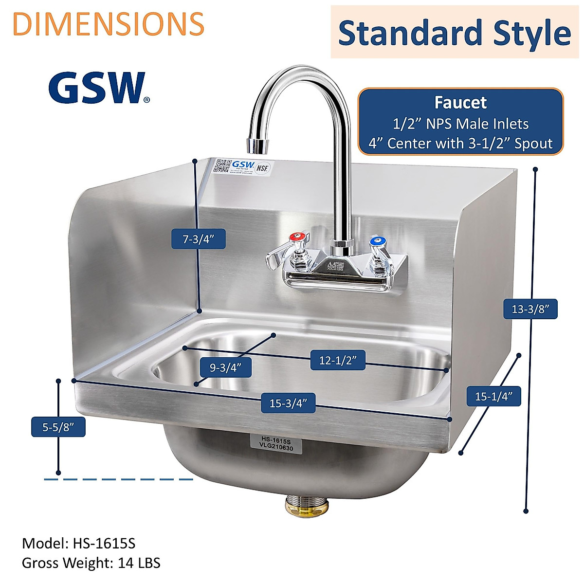 GSW HS-1615S Standard 16" x 15" Commercial Stainless Steel Wall Mount Hand Sink with Gooseneck Faucet and Side Splashguards for Restaurants, Kitchens, Garages, Bars