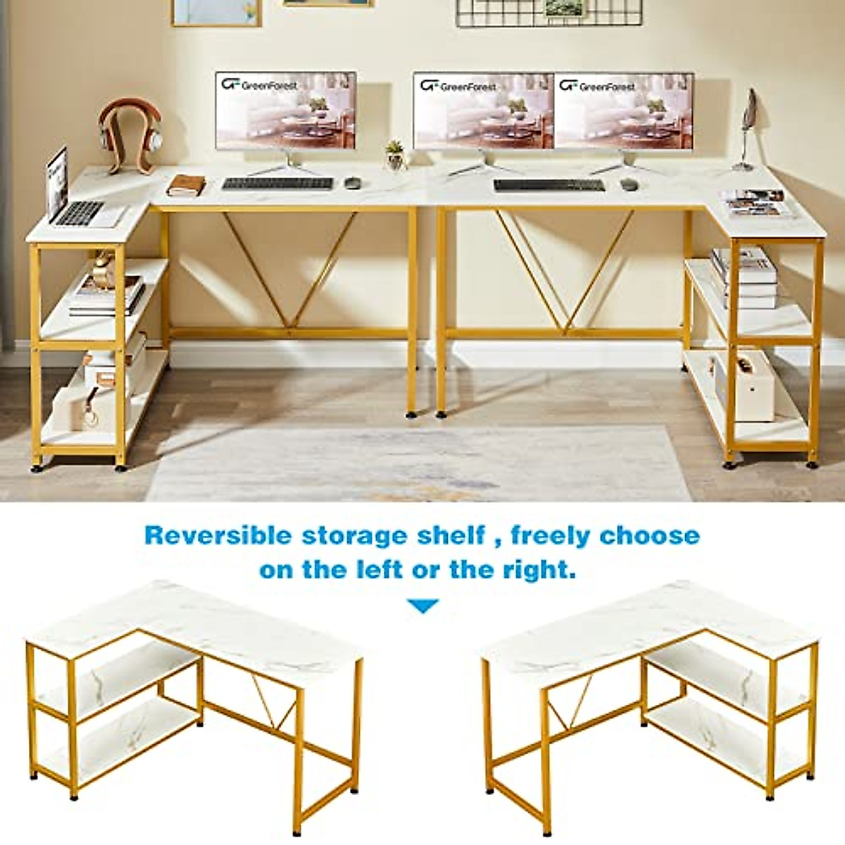 GreenForest L Shaped Desk 47 inch Small Size Corner Desk with Storage Shelf and File Cabinet 2 Drawers Wooden Vertical Filing Cabinet with Lock