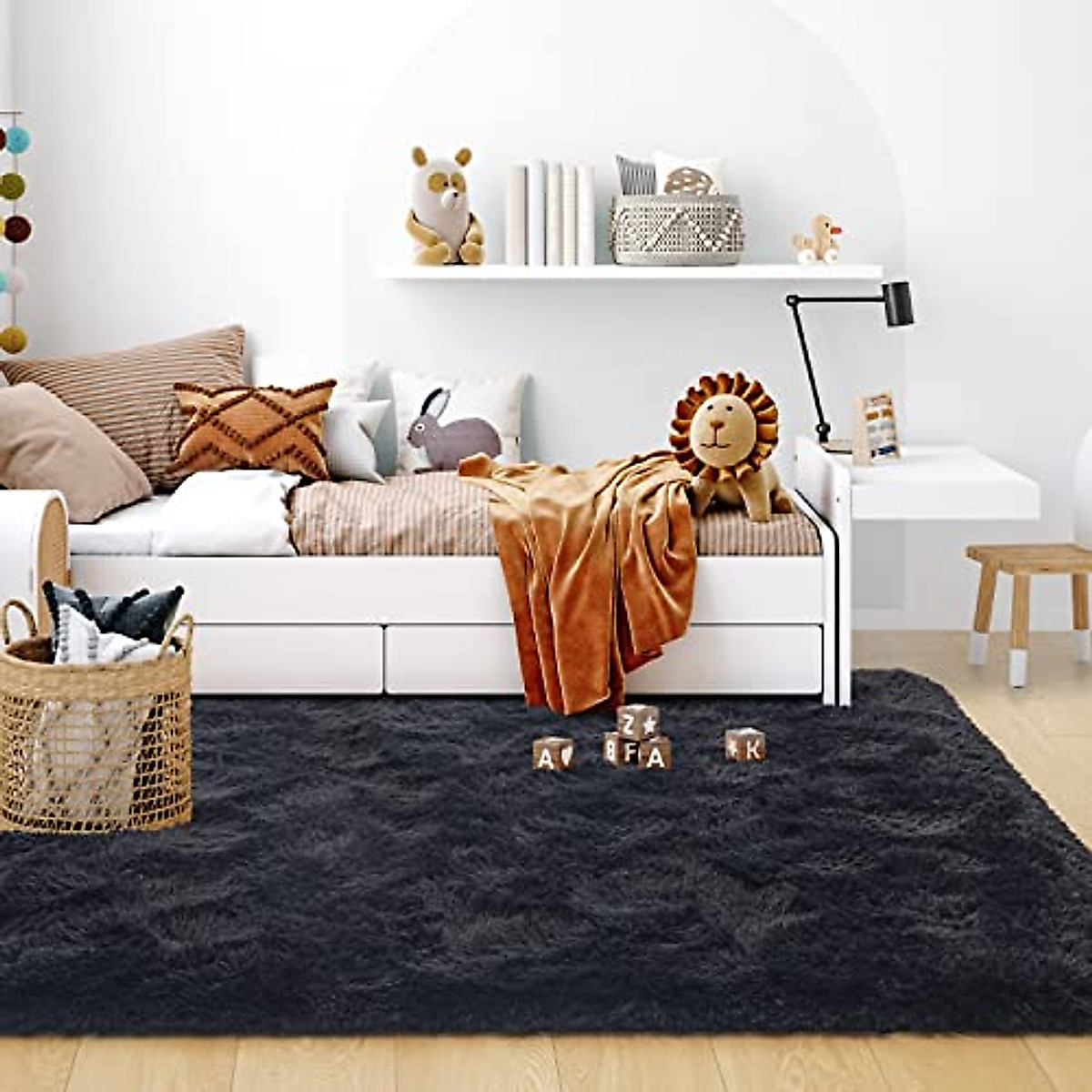Ultra Soft Black Rugs for Bedroom 4x6 Feet, Fluffy Shag Area Rugs for Living Room, Large Comfy Furry Rug for Boys Kids Baby Room Decor, Non Slip Nursery Rug Modern Indoor Fuzzy Floor Carpet