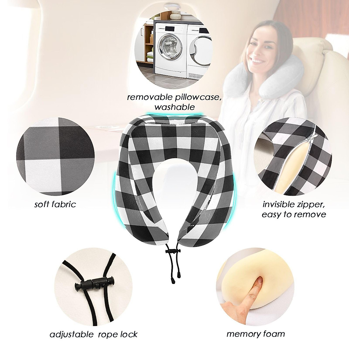 Vnurnrn Black White Buffalo Plaid Travel Neck Pillow Memory Foam Airplane Pillow with Storage Bag Head Support Soft Pillows Neck Support Pillow for Gifts Camp Study Work