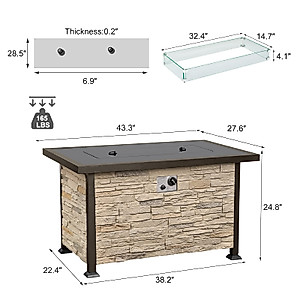 U-MAX Outdoor Propane Gas Fire Pit Table, 44 Inch 50,000 BTU Gas Auto-Ignition Rectangle Firepit for Patio with Brown Faux Stone Surface,Tempered Glass Lid & Glass Stone Rock CSA Certification