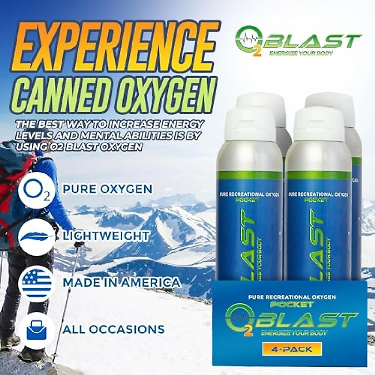 O2 Blast - Pure Oxygen Supplement - Supports Fast Recovery, Increase Stamina, & Enhanced Focus for High Altitude & Action Sports, Flip-Top Cap - 4 Liter Portable Canned Oxygen - 4 Pack
