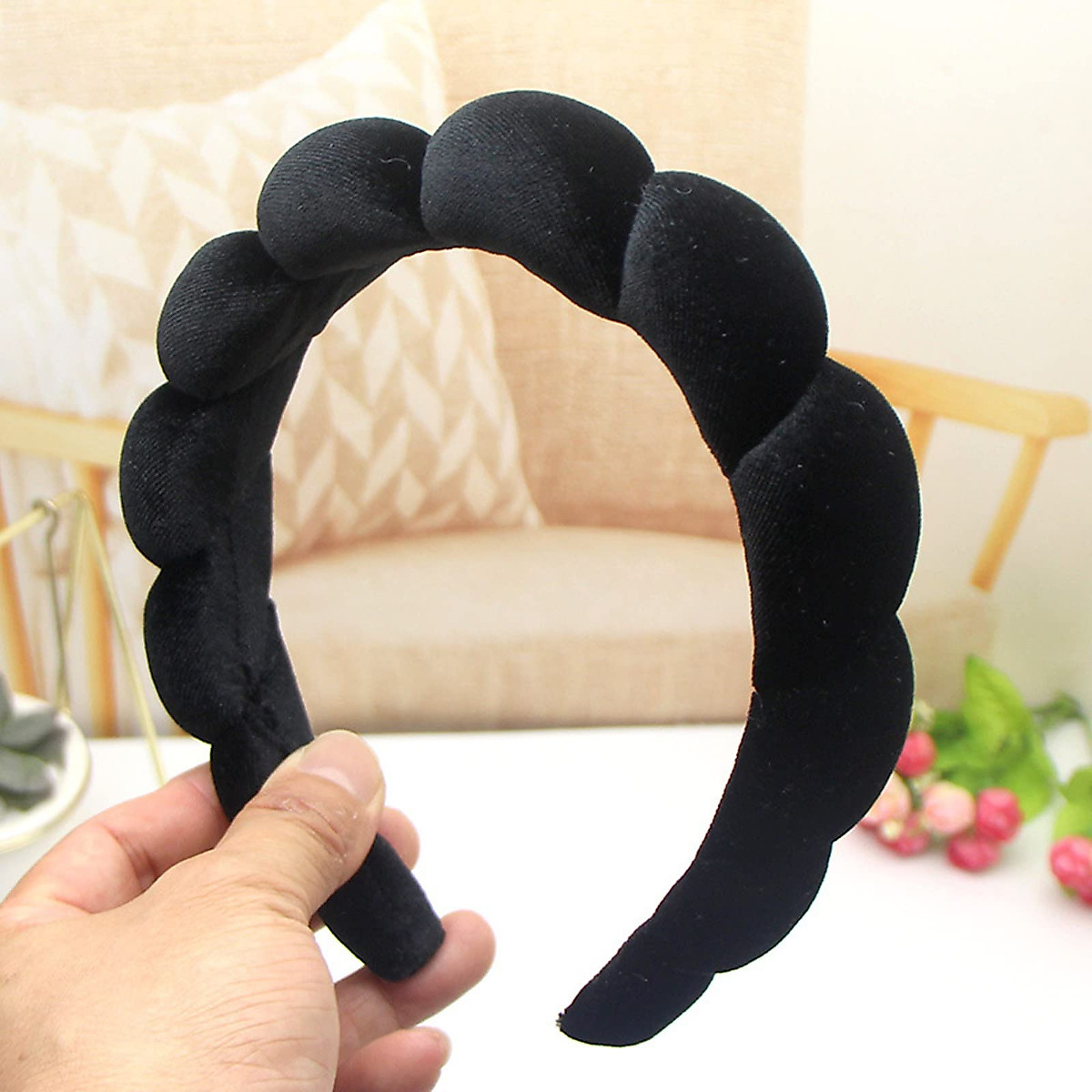 Uchyius Fashion Headbands for Women Padded Fabric Hair Bands Wide Velvet Non Slip Headband Hair Accessories for Women Girls, Black