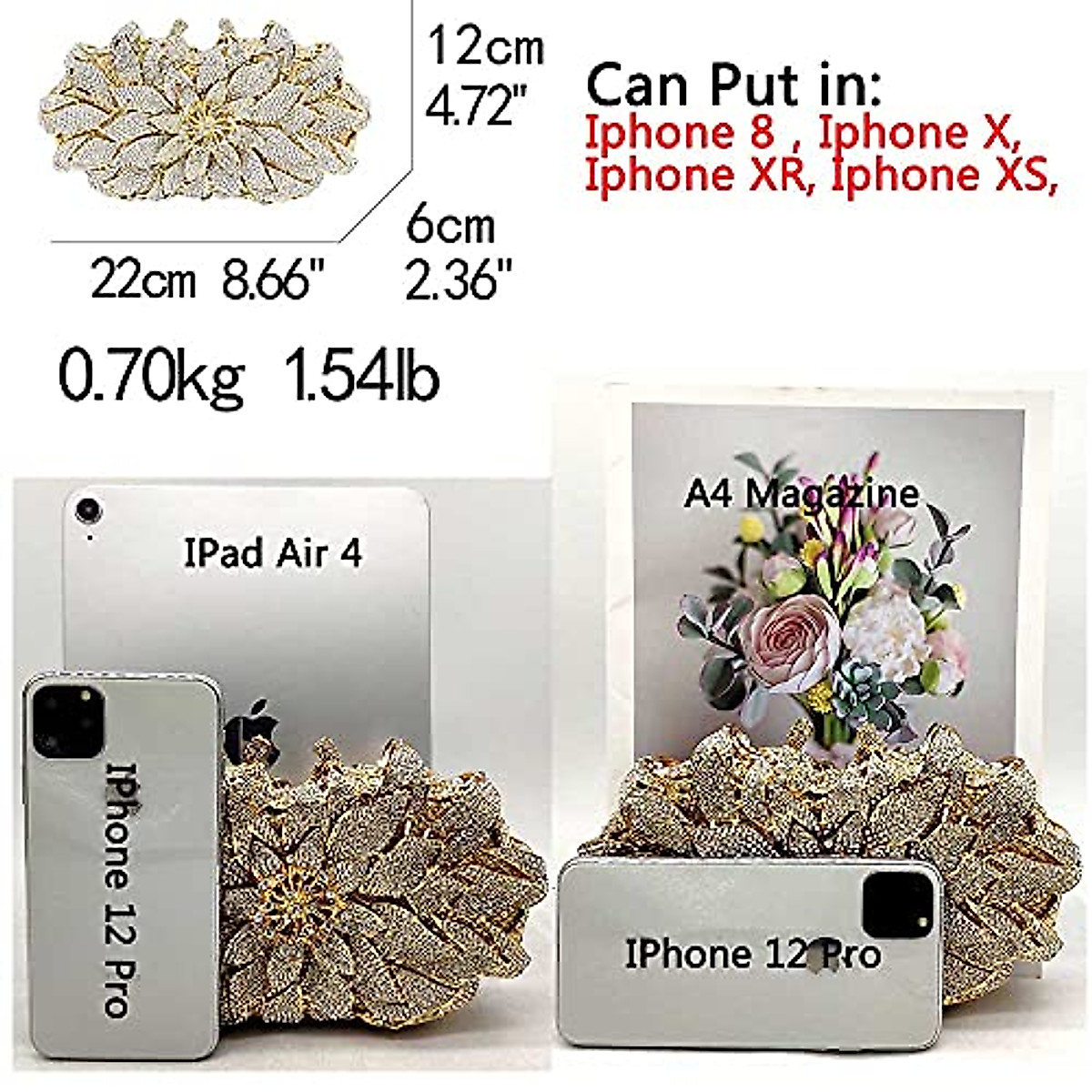 Boutique De FGG Elegant Flower Clutch Evening Bags for Women Wedding Party Crystal Purse and Handbags (Small,Gold&Silver)