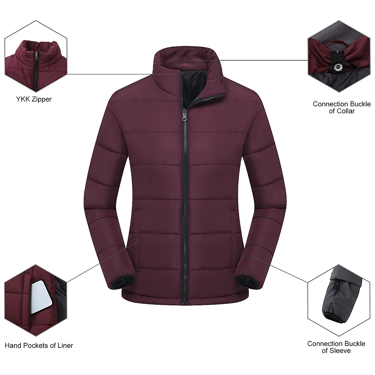 PTSOC Women's 3 in 1 Waterproof Ski Jacket Warm Winter Snow Coat Windproof Hooded Snowboarding Raincoat Wine Red Small
