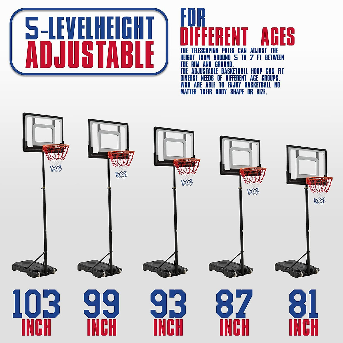 MoNiBloom Portable Basketball Hoop Goal 5ft- 7ft Adjustable-Height Stand with 33 Inch Backboard Wheels Fillable Base, Basketball Goals for Adults Indoor Outdoor Play, Black