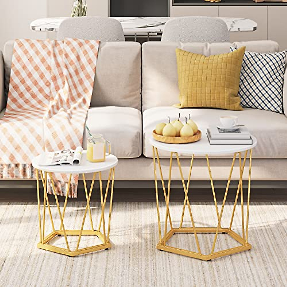 HOOBRO Round Coffee Table Set of 2, Gold Coffee End Table with Metal Frame, Small Coffee Table for Living Room Bedroom Balcony Yard, Modern Style, White and Gold, GD80BZ01