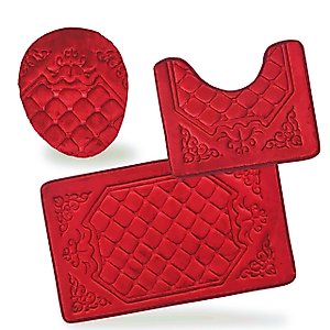 All American Collection 3PC Memory Foam Bath Mats Soft Plush Crown Design Anti-Slip Shower Bathroom Contour Toilet Lid Cover Rugs (Red)