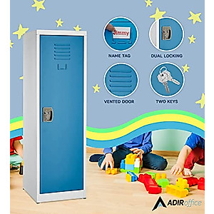 AdirOffice Kids Steel Metal Storage Locker - for Home & School - with Key & Hanging Rods (48 in 1 Door, Blue)