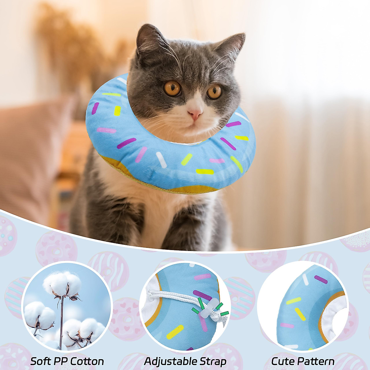 Seyezo Cat Cone Soft Collar, Adjustable Cat Recovery Collar for Small Medium Large Cats, Cute Donut E Collar After Surgery, Anti-Lick Wound Healing Elizabethan Collar for Kittens(Donut Blue, Small)