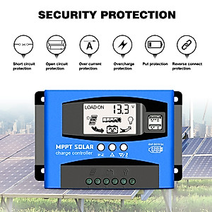 60A MPPT Solar Charge Controller 12v/24v Current Auto Focus MPPT Tracking Charge with LCD Display Dual USB Solar Regulator Charge Controller Multiple Load Control Modes
