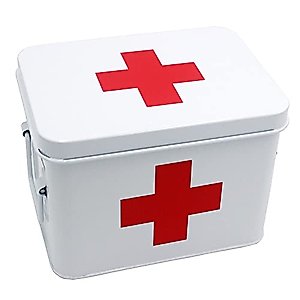 Funly mee Vintage First aid Box for Home, Medicine Tin, Empty White Metal Medicine Storage Box (Medium-8.2 × 6 × 6 inches)