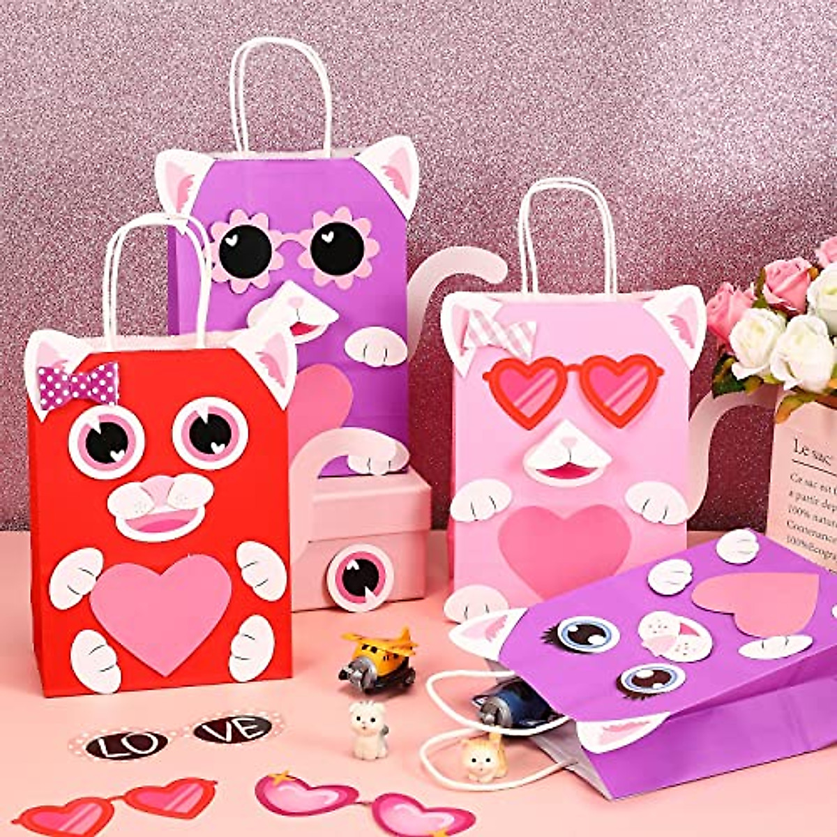 12 Pcs Valentine Treat Bags for Kids, Cat DIY Valentine Candy Treat Bags Kraft Paper Gift Bags Valentine Goodie Bags with 18 Accessories for Snack Party Favor and Students Classroom Gift Exchange