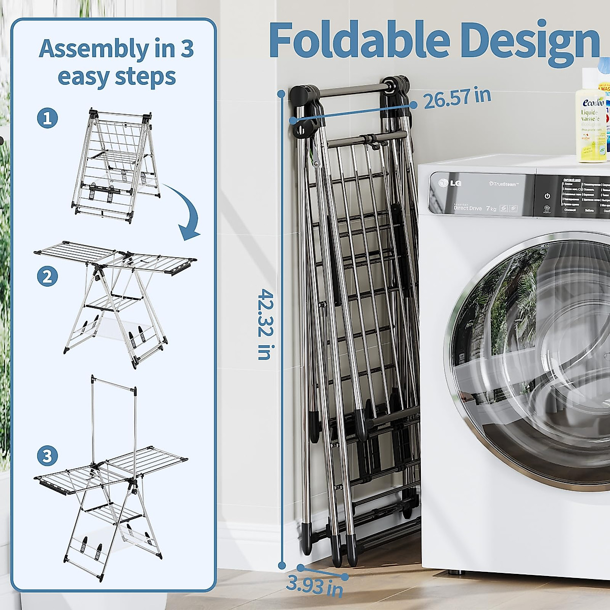 APEXCHASER Clothes Drying Rack with High Hanger, Foldable 3-Level Drying Racks with Shoe Rack, Crossbar and Vertical Rod Laundry Stand with Adjustable Wings