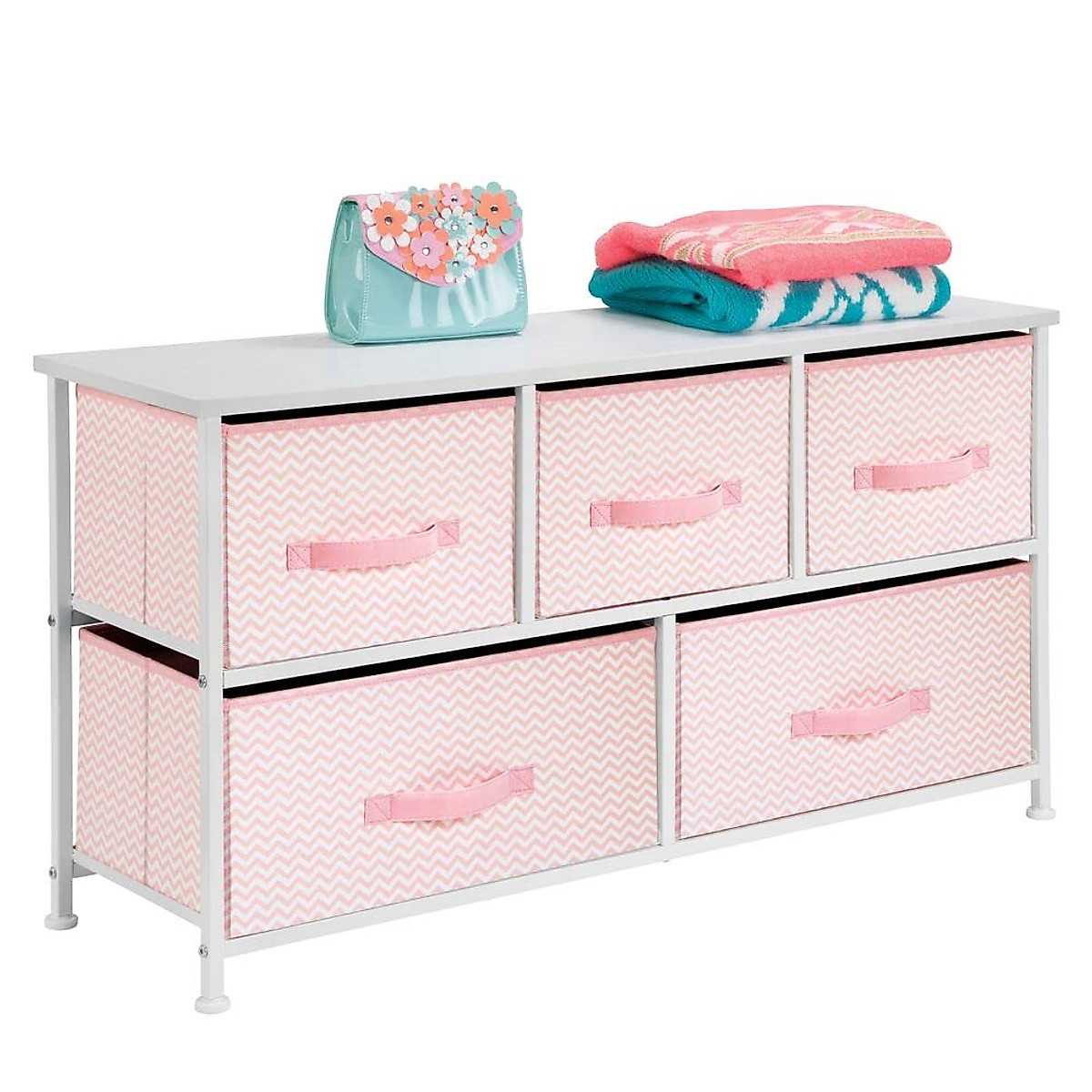 mDesign 21.65" High Steel Frame/Wood Top Storage Dresser Furniture Unit with 5 Removable Fabric Drawers - Wide Bureau Organizer for Bedroom, Living Room, Closet - Spira Collection, Pink/White
