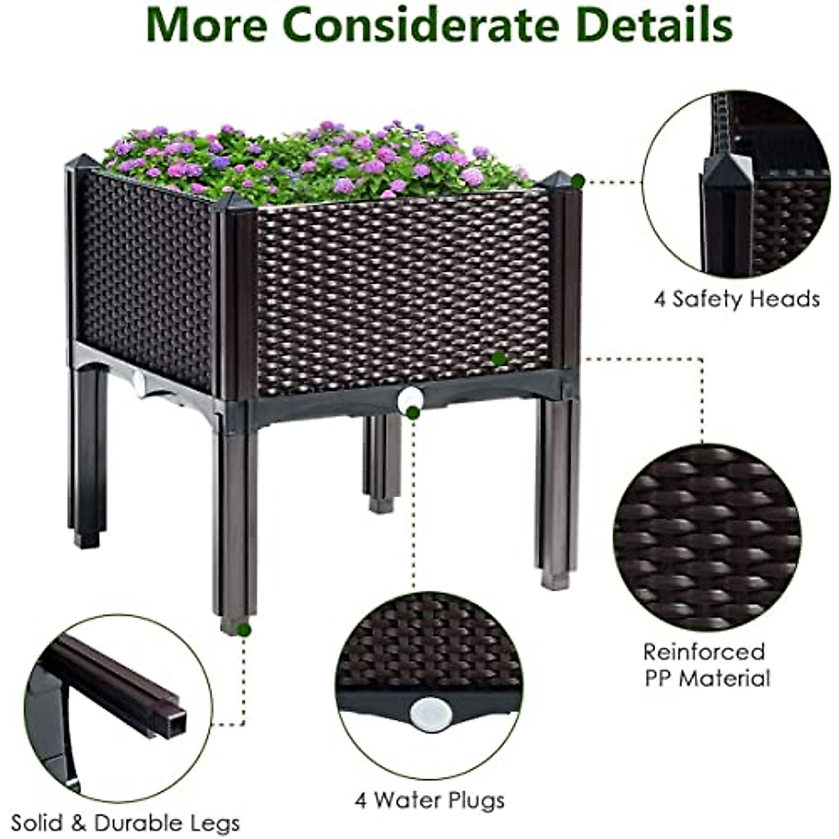 Renatone Set of 4 Raised Garden Beds Outdoor, Planter Box with Self-Watering Design, Drain Holes, Plastic Raised Garden Bed with Legs for Patio Yard Gardening, Grow Vegetables, Flowers, Herbs(Brown)