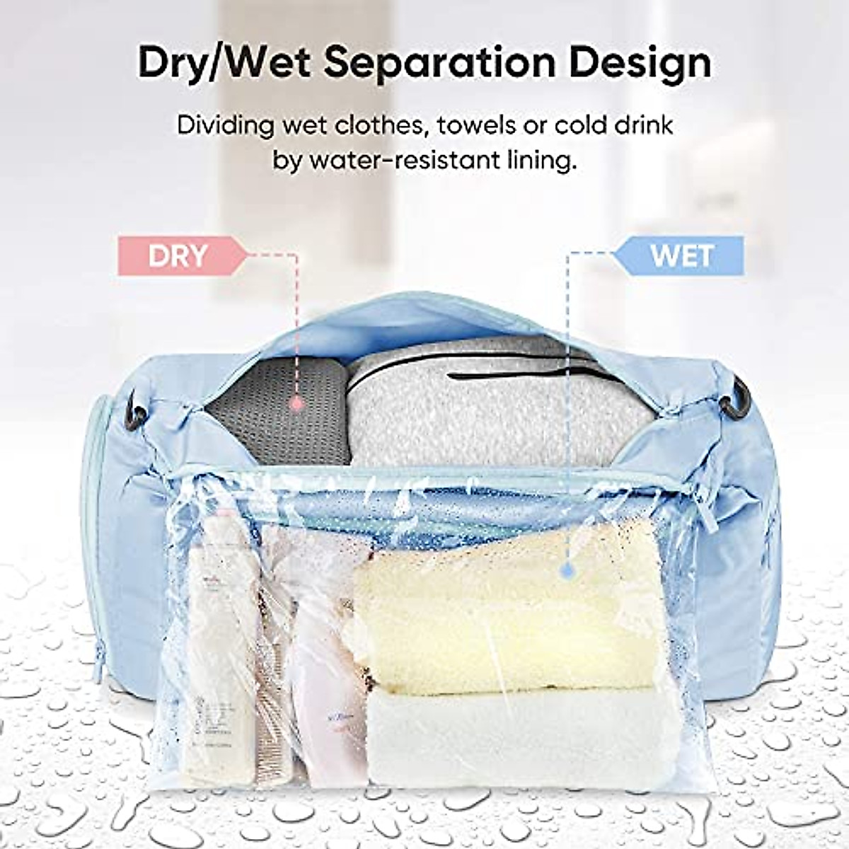 BALEINE Gym Bag for Women and Men, Small Duffel Bag for Sports, Gyms and Weekend Getaway, Waterproof Dufflebag with Shoe and Wet Clothes Compartments, Lightweight Carryon Gymbag (Azure)